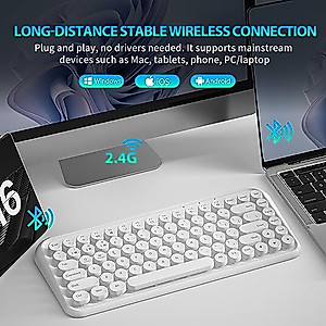 Wireless Bluetooth Keyboard, 2.4GHz Typewriter Retro Keyboard, 84 Keys Portable Office Computer Keyboard with 2xAA Batteries and Cute Floated Round Keycaps for Windows Android PC Laptop Mac iPad,White