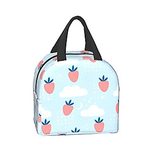Ucsaxue Cute Strawberry With Clouds, Moon And Stars Lunch Bag Reusable Lunch Box Work Bento Cooler Reusable Tote Picnic Boxes Insulated Container Shopping Bags For Adult Women Men