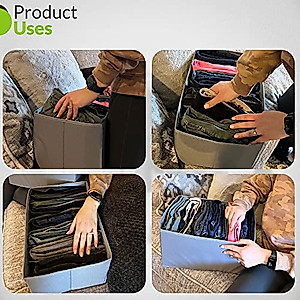 7 Grids Wardrobe Clothes Organizer 2PCS, HM-Organize Stackable Foldable Compartment Storage Box for Jeans, Socks, Scarves, Leggings, T-shirt, Pants, Underwear in Dressing room (Gray), 14.2x9.8x8
