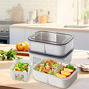 Veggie Trays with Lid, 2 Pack Meal Prep Containers, Food Storage Containers with Lids, 2 Removable Compartments Food Containers for Fruits/Vegetables/Snacks, Dishwasher Safe, BPA Free & Leak Proof