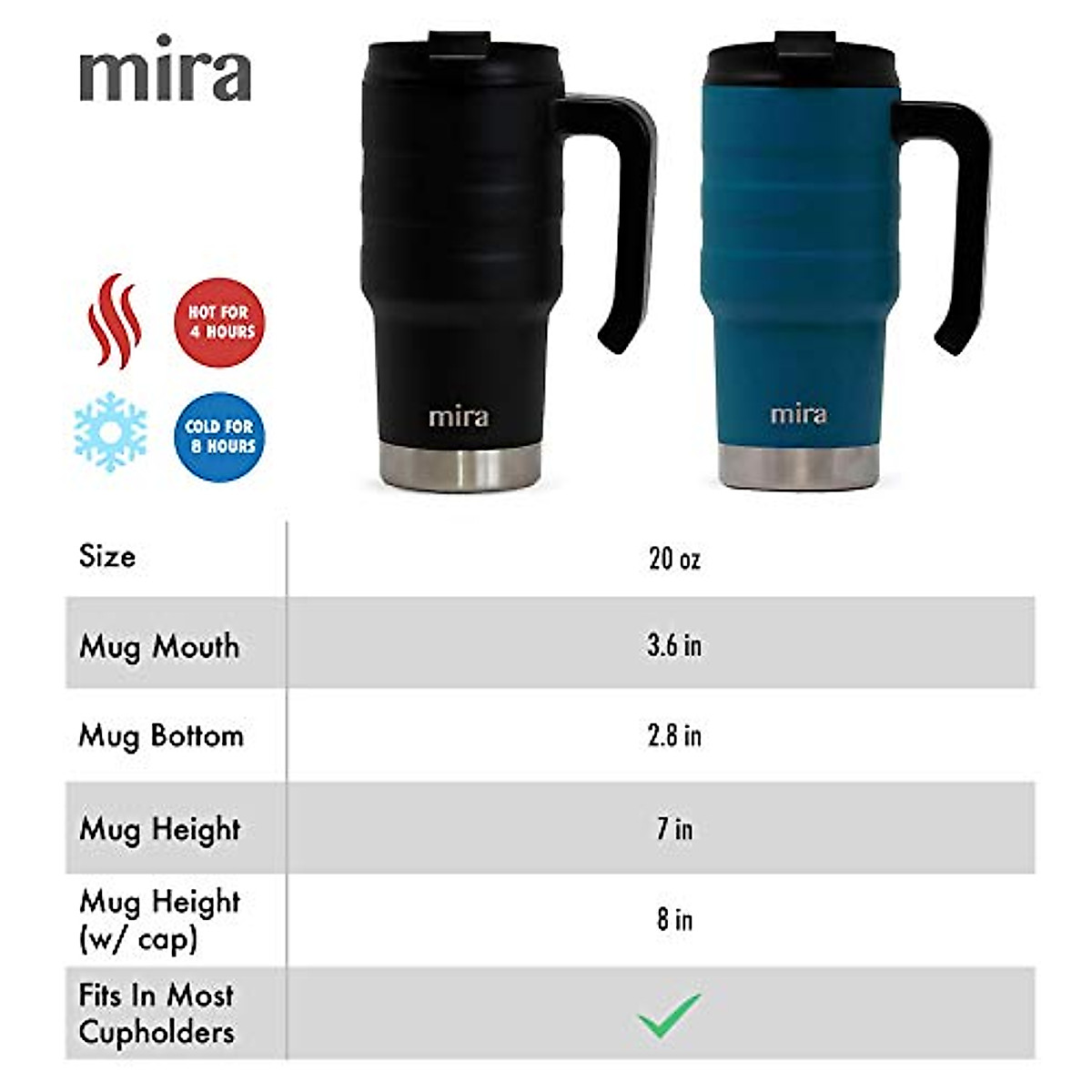 MIRA 20 Oz Stainless Steel Insulated Travel Car Mug - Spill Proof Twist On Flip Lid & Easy to Hold Handle - Double Wall Vacuum Insulated Coffee & Tea Mug Keeps Hot or Cold - Metallic Gray