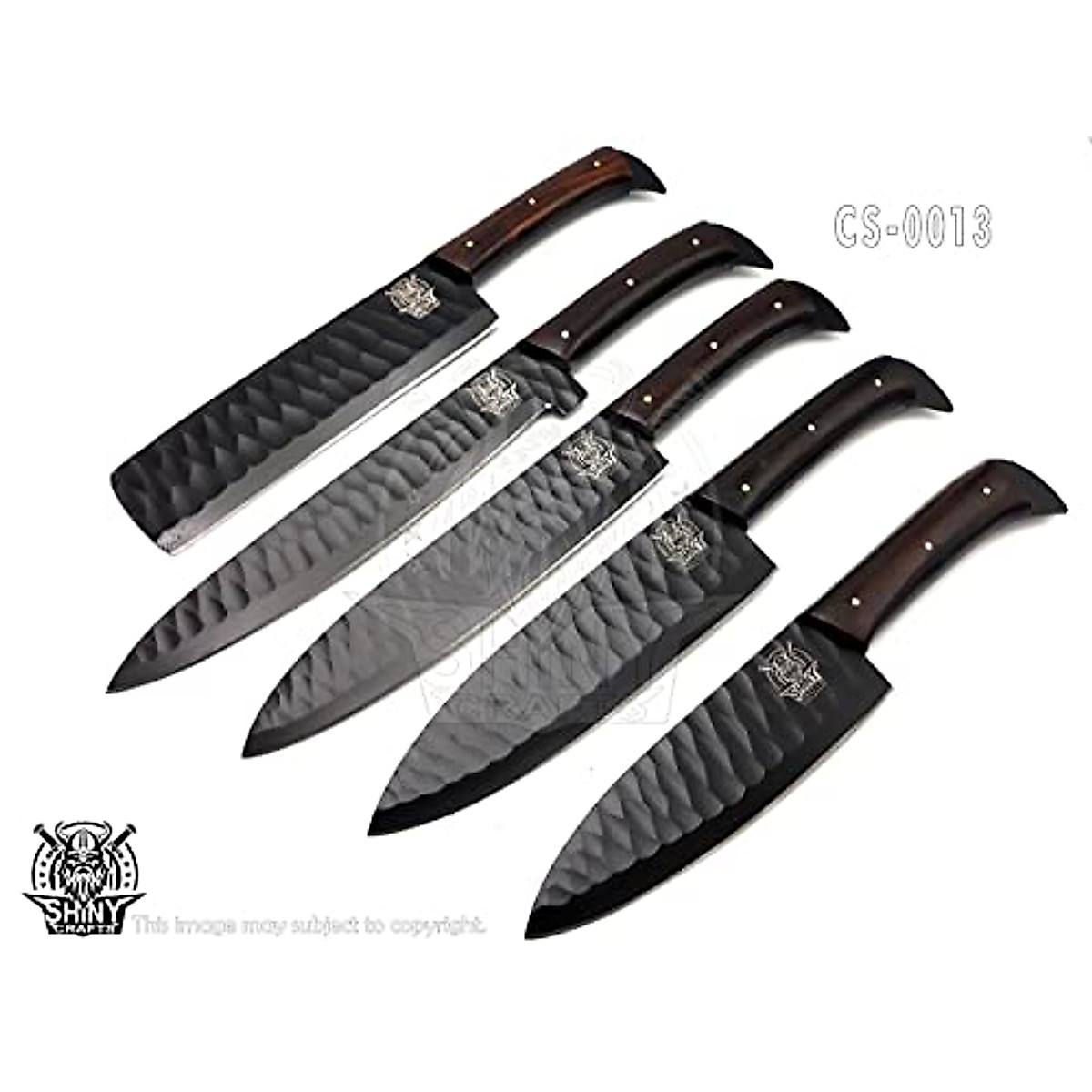 SHINY CRAFTS | Handmade Forged Black Coated Kitchen Knife Set with Wangi wood handle and Damascus Steel Blade, Chef’s Knives set with Leather Pouch Roll and Razor-Sharp Blade (CS-13)