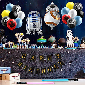 Haooryx 35PCS Galaxy Wars Birthday Party Favor Supplies for Kids, Black Series Birthday Banner Darth Vader Cake Topper Decoration Latex Balloons War Lightsaber BB8 Robot Aluminum Foil balloons