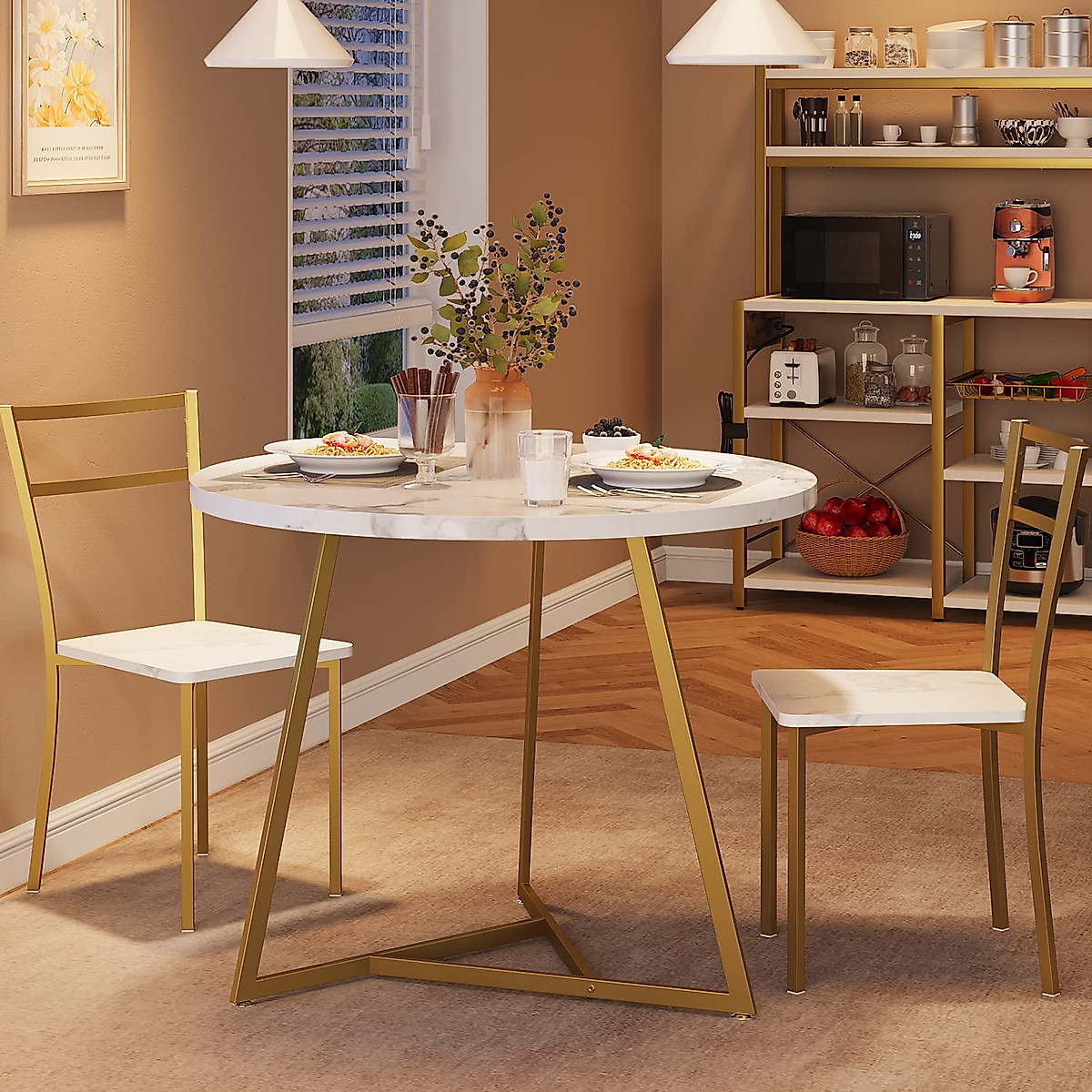 Amyove Dining Table Set for 2, Round Kitchen Table and Chairs for 2, Modern Dining Room Table Set with 2 Metal and Wood Chairs, Kitchen Table Set for Small Space, Apartment, Marble White and Gold