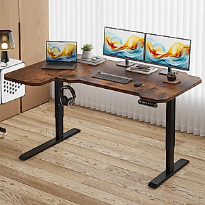 Sileye Electric L Shape 59 Inches Standing Desk, Height Adjustable Sit Stand Up Computer Table, Large Modern Smart Ergonomic Home Office Workstation with Splice Board Rustic Brown Top + Black Frame