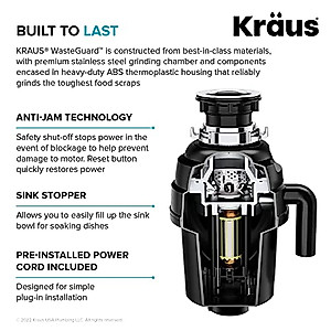 Kraus KWD100-100MBL WasteGuard 1 HP Continuous Feed Garbage Disposal with Ultra-Quiet Motor for Kitchen Sinks with Power Cord and Flange Included, 16 1/2 inch, Black