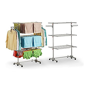 Hulife 3-Tier Foldable Clothes Drying Rack, Stainless Steel, 6 Foldable Trays, 2 Extra Side Wings, Easy Storage (Made in Korea)