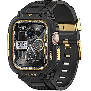 amBand Bands Case Screen Protector Compatible with Apple Watch Ultra 49mm, M1 Sport Series Rugged Cover Strap and 2 Pack Tempered Glass Film, Military Protective Bumper for iWatch 49 mm Men Black Gold