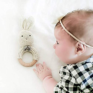 Natural Crochet Teether Toy Rattle for Baby Forest Friends Amigurumi Crochet Bunny Deer Fox on Natural Wooden Teething Ring Rattle and Beaded Pacifier Clip (Mama Bunny)