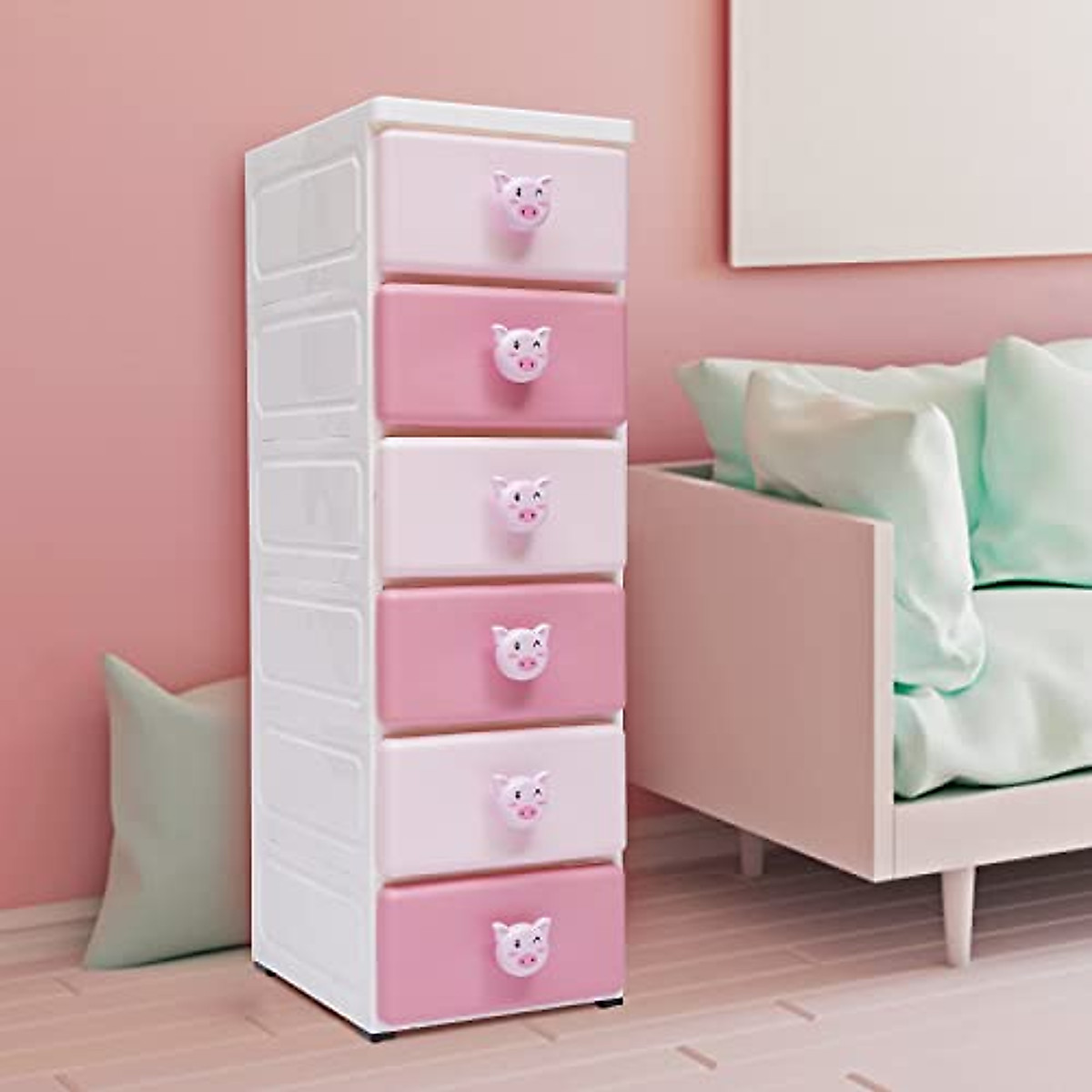 LOYALHEARTDY Plastic Drawers Dresser, 6 Drawers Dressers Chests with Wheels, Pink Storage Closet Cabinet Clothes Toys Snacks Organizer for Bedroom, Living Room, Playroom(Pink Pig Handle)