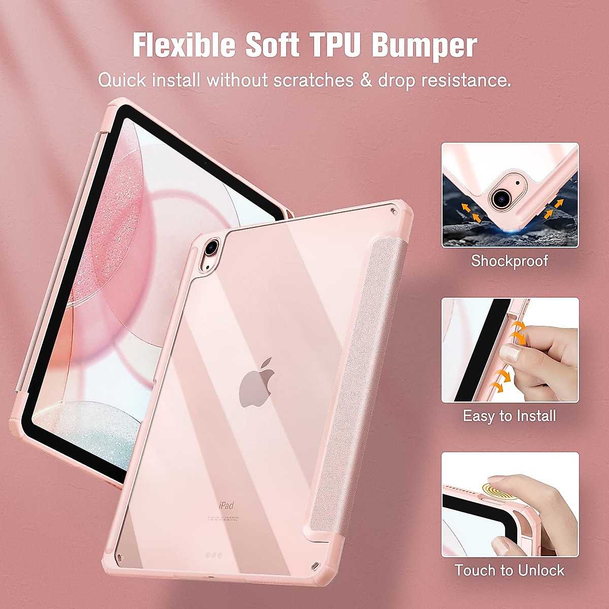 Fintie Hybrid Slim Case for iPad Air 11-inch M3 (2025) / M2 (2024), iPad Air 5th (2022) / 4th Generation (2020) 10.9 Inch - Shockproof Cover with Clear Back Shell & Pencil Holder, Rose Gold