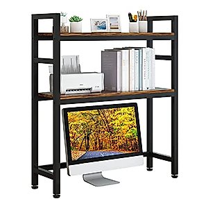 XTESMS Desktop Bookshelf, 2-Tier Multipurpose Countertop Storage Hutch for Computer Desk, Adjustable Wood Display Rack Organizer for Dorm Office Home - Brown