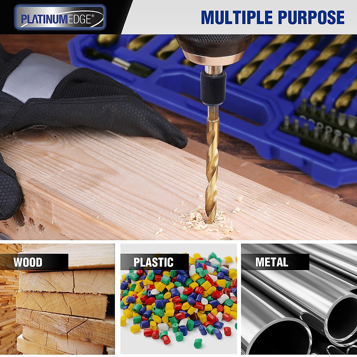 PLATINUMEDGE 46 Pieces Titanium Twist Drill Bit Set with Cr-V Bits, Hex Shank Drill Bit Set, 29 Pieces HSS Drill Bits from 1/16” to 1/2”, 1 Quick-Change Adapter, 16 Pieces Cr-V Bits, Quick Change