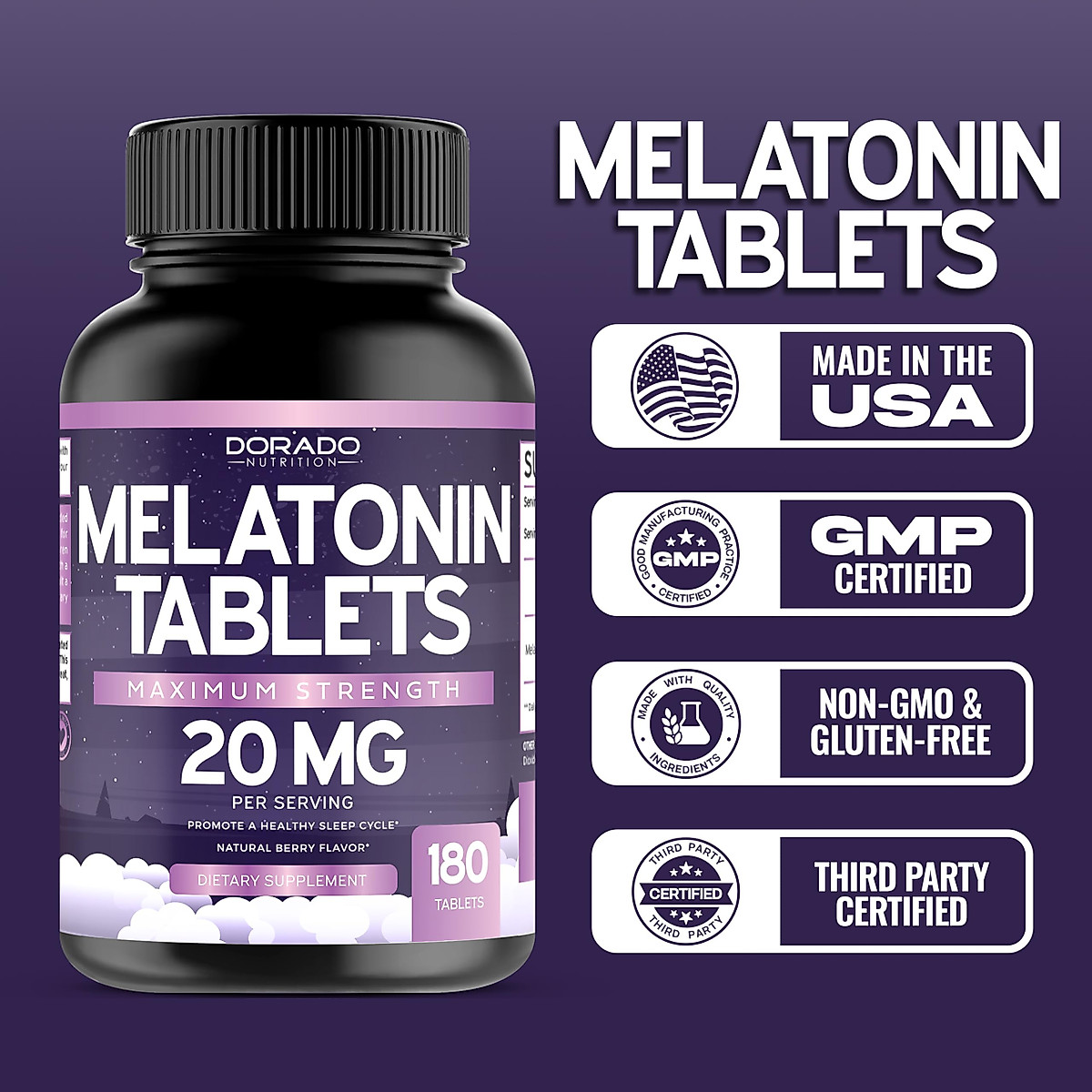 Melatonin 20mg Tablets for Adults (180 Count) - Quick Dissolve with 20mg of Melatonin Per Tablet - High Potency, Gluten-Free, Non-GMO, Vegan - Mixed Berry Flavor - Bulk Supply - USA Made