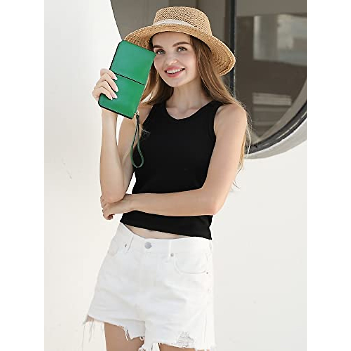 befen Women's Green Leather Wristlet Clutch Cell Phone Wallet Purse for Women, Multi Card Organizer Wallet Bags for iPhone - Kelly Green