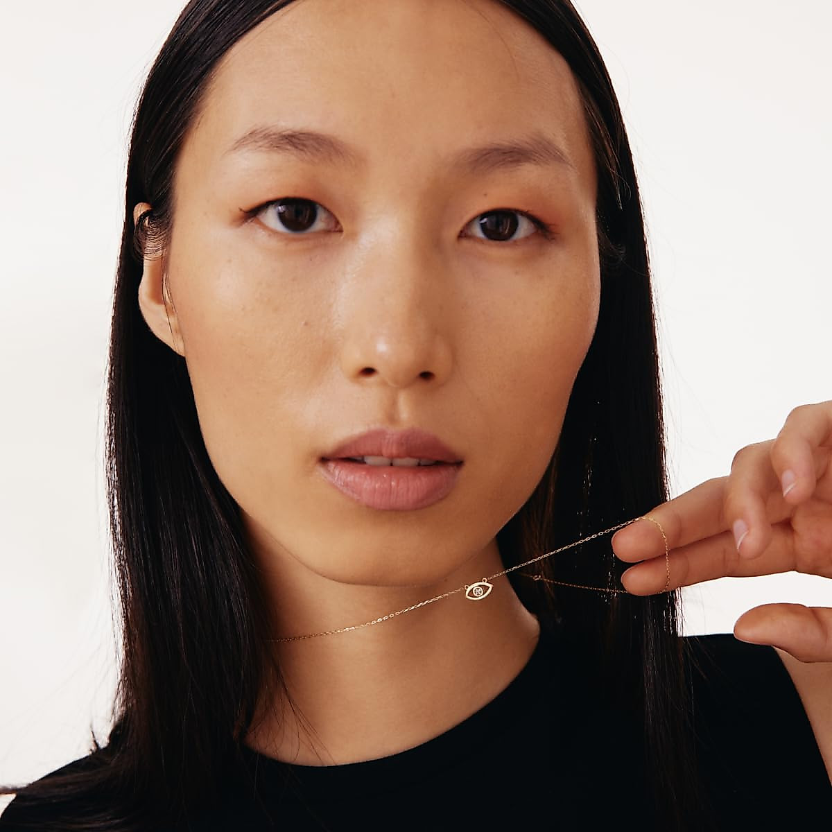 Diamond Evil Eye Necklace | 14k Yellow Gold Open Evil Eye Necklaces for Women | 14k Solid Gold Solitaire Diamond Pendant Necklace | Delicate Protection Jewelry | Gifts for Birthday, 18"