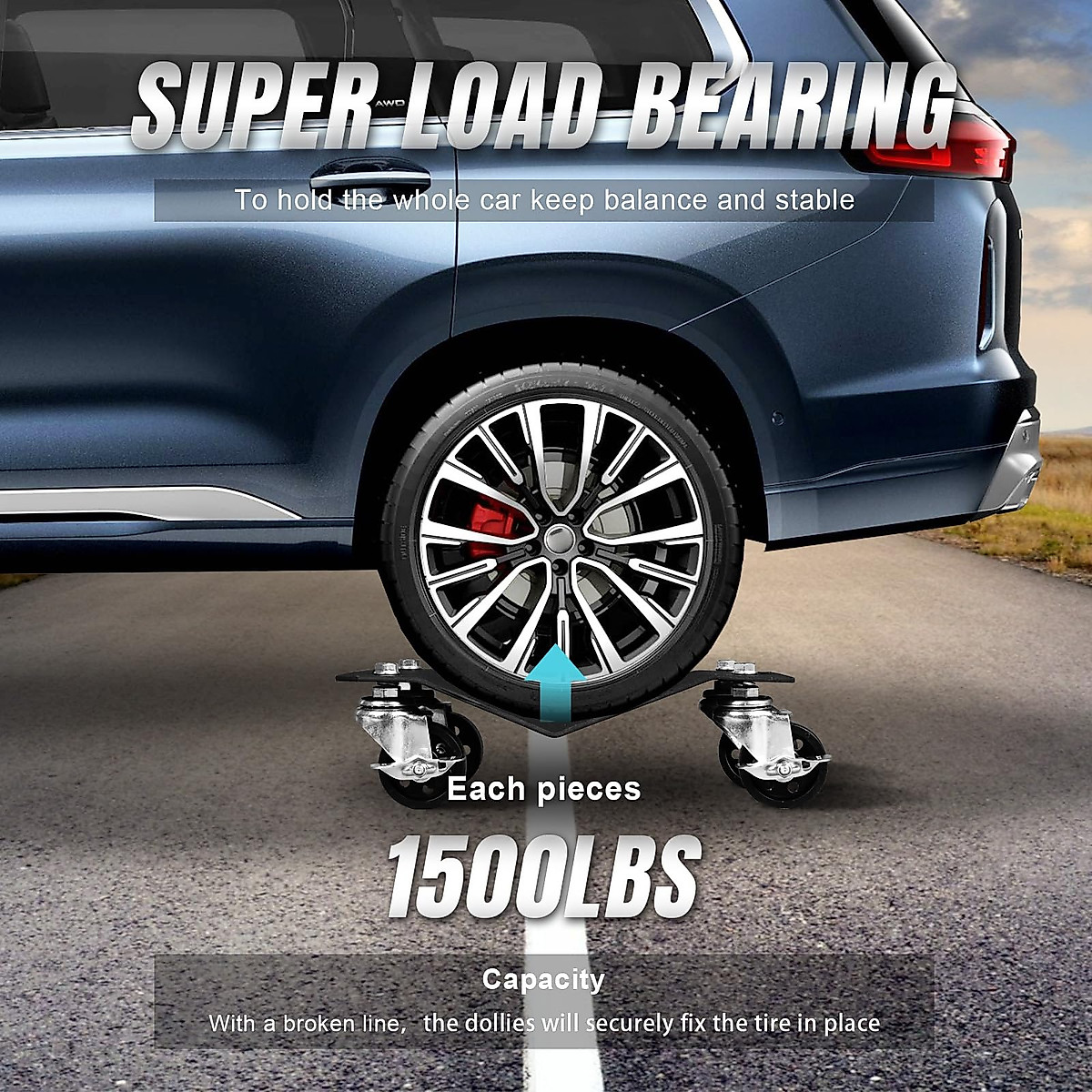 BIG RED Wheel Dolly: Tire Stake with Brakes and Vehicle Tire Dolly Cart with (4) Wheels for Moving Cars and Repair, 3000 lbs Capacity, 2 Pack