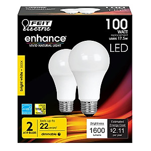 Feit Electric A19 100W Equivalent LED Light Bulbs, Dimmable, 3000k Bright White, 1600 Lumens, 22 Year Lifetime, E26 Base, CRI 90, UL Listed, Damp Rated, 2 Pack, OM100DM/930CA/2