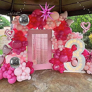 Princess Pink Balloon Garland Arch Kit, Hot Pink 4D Bow Heart Silver Disco Ball Balloons for Girls Women Birthday Wedding Bridal Baby Shower Princess Doll Theme Party Decorations