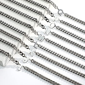 RUOOUY Initial A-Z Letter Necklace for Men Stainless Steel Cuban Link Chain 18+2 Inch Personalized Letter Charm Pendant Jewelry Gift for Boys Women（Silver-J）