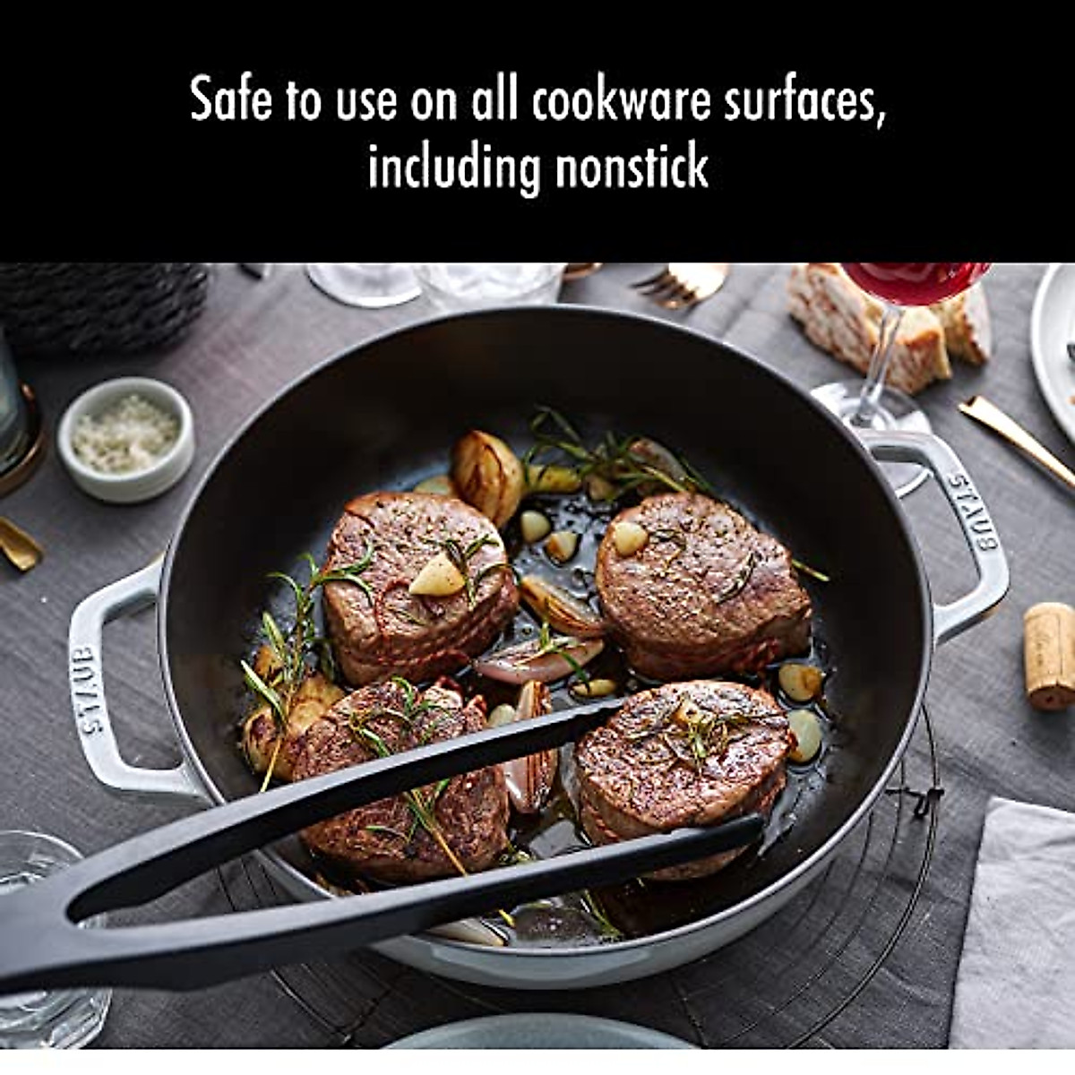 STAUB Tongs, 12.25-inch, Great for Flipping or Turning Foods, Durable BPA-Free Matte Black Silicone, Safe for Nonstick Cooking Surfaces