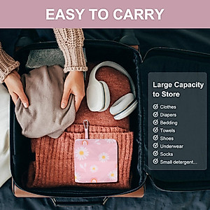 SANFERGE 2 Pack Travel Laundry Bag with Handle and Drawstring, Expandable Foldable Dirty Clothes Bags with Hook and Zipper, 23*20 inch, Cartoon 1 White + Pink