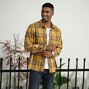 Mens Plaid Flannel Shirts Casual Long Sleeve Button Down Shirts Vintage Tops with Pocket Yellow M