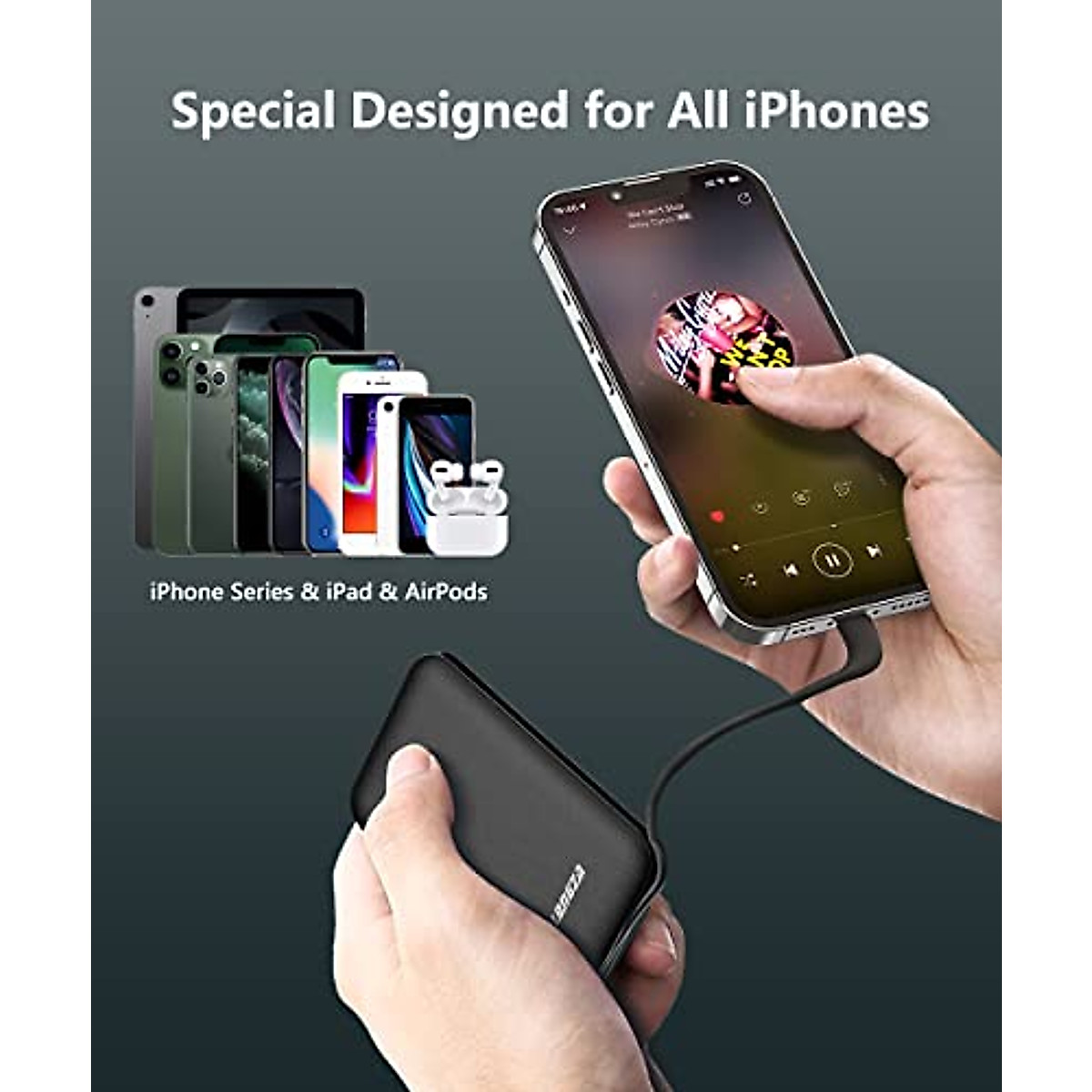 Alongza Small Portable Phone Charger 4500mAh Power Bank with Built-in Cable USB C Fast Lightweight Battery Pack Cell Phone Charger Slim Clutch Charger External Battery Backup for iPhone,Android