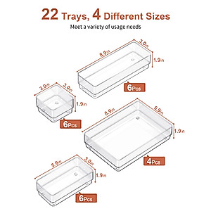 SMARTAKE 22-Piece Drawer Organizer with Non-Slip Silicone Pads, 4-Size Clear Desk Drawer Organizer Trays Storage Tray for Makeup, Jewelries, Utensils in Bedroom Dresser, Office and Kitchen, Clear