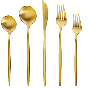 Gold Silverware Set for 8, MIKIWAY 40 Pieces Stainless Steel Flatware Set, Matte Golden Cutlery Tableware Set, Kitchen Utensils Set Include Spoons And Forks Set, Satin Polished, Dishwasher Safe