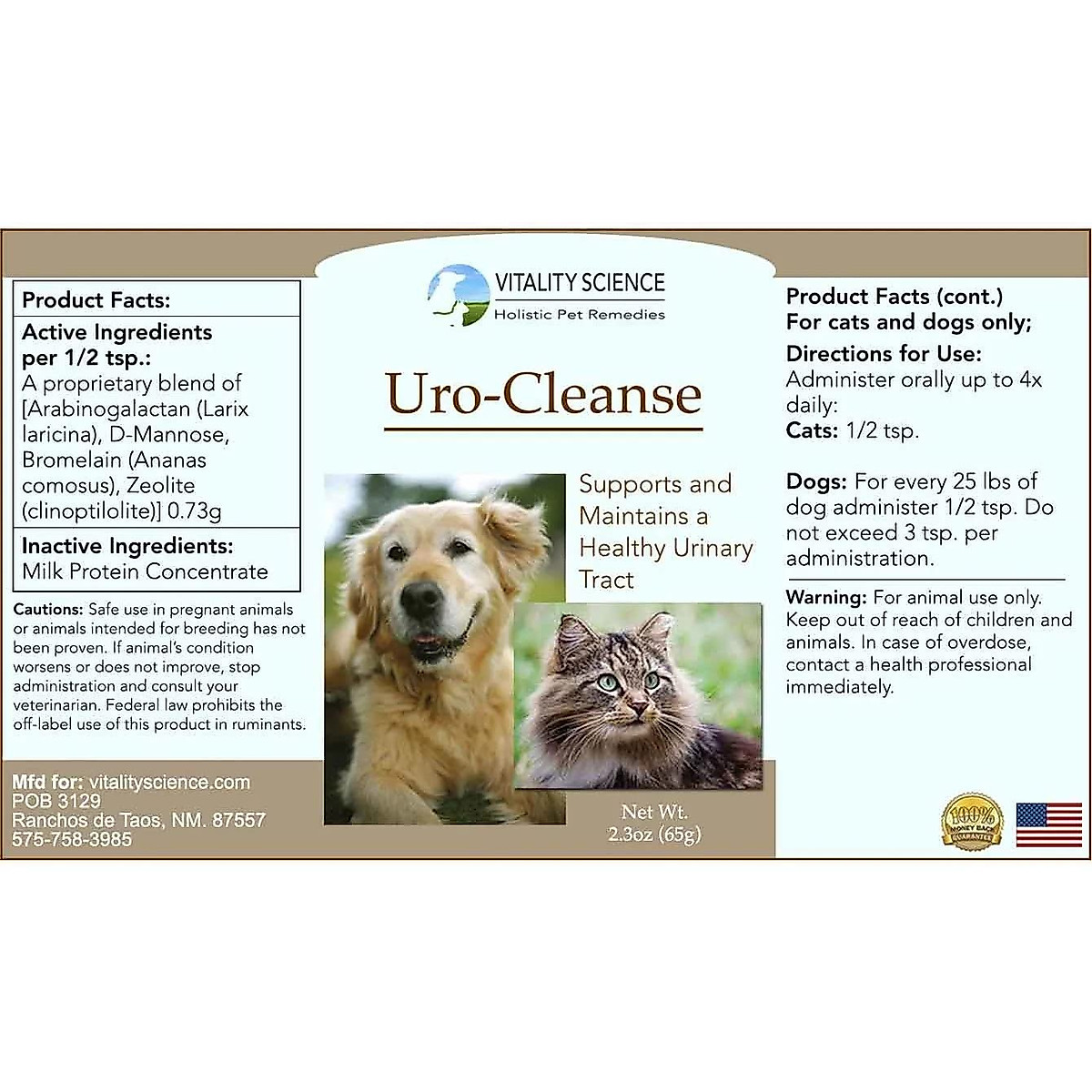 Vitality Science URO-Cleanse for Cats | Natural Aid for Urinary Tract, Bladder, Kidney Health | D-Mannose, Arabinogalactan, Zeolite | Prevents and Eliminates UTI, Bladder Infections and Incontinence