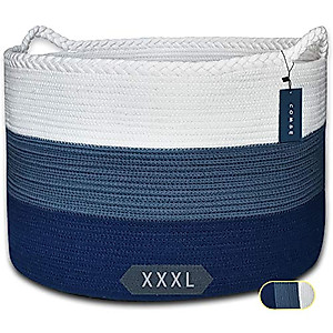 COMSE Extra Large Blanket Basket, Storage Basket, Laundry Basket, 21.7”x 13.8”, Laundry Hamper, Cotton Rope Basket, Blanket Basket Living Room, Toy Basket (White & Cadet Blue & Navy Blue)