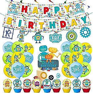 50Pcs Robot Party Supplies Set-Including Happy Birthday Banner,Cake Topper and Cupcake Toppers,Spiral Ornaments,Latex balloons for kid s Boys Robot Theme Party Decoration