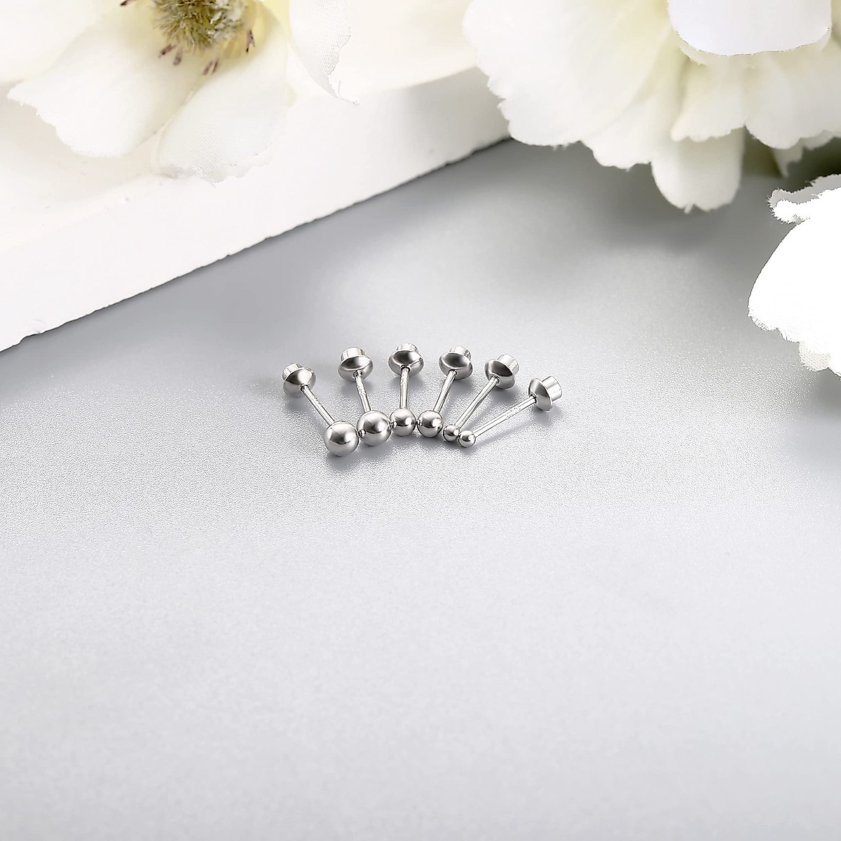 Sllaiss 3 Pairs Ball Stud Earrings Screw Back 925 Sterling Silver Cartilage Earrings Stud 14K Gold Plated Tiny Screwback Earrings For Women 2mm-4mm (Silver)