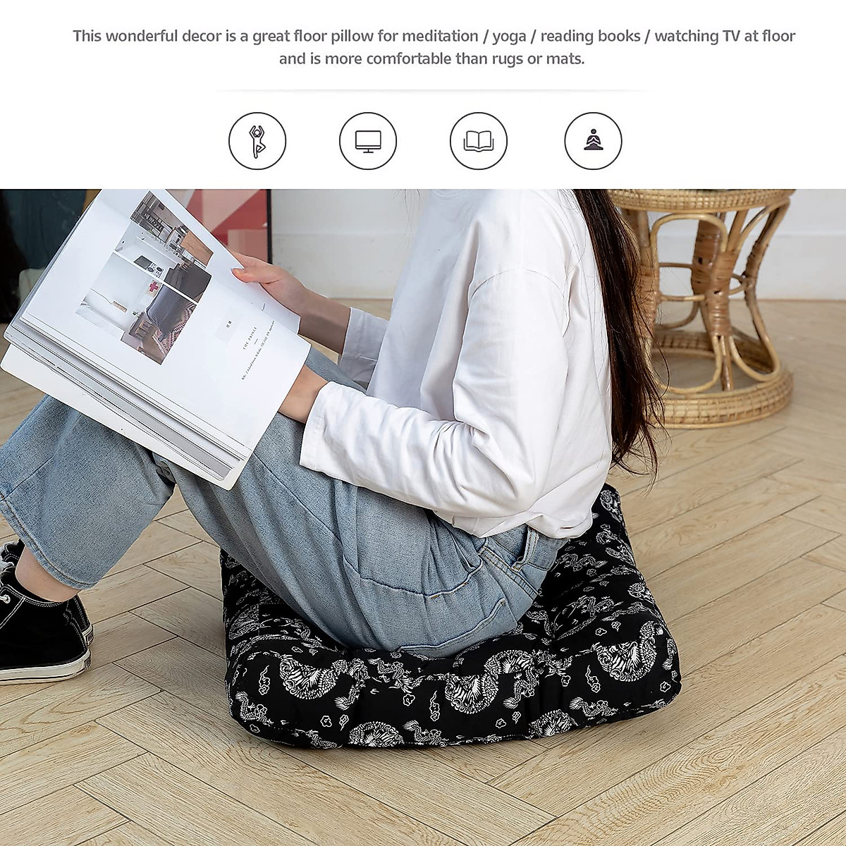 HIGOGOGO Boho Floor Pillow, Dragon Pattern Meditation Pillow Square Seat Cushion Yoga Cushion India Seating Pad for Living Room Bedroom Balcony Garden Party Decoration, Navy, 22x22 Inch