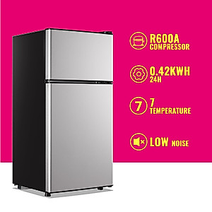 DEMULLER 2.4 Cu.ft Mini Fridge with Top Freezer Apartment Size Dual Door Compact Refrigerator for Personal Use Small Fridge with Egg tray, 7 Temperature Control For Dorm, Silver