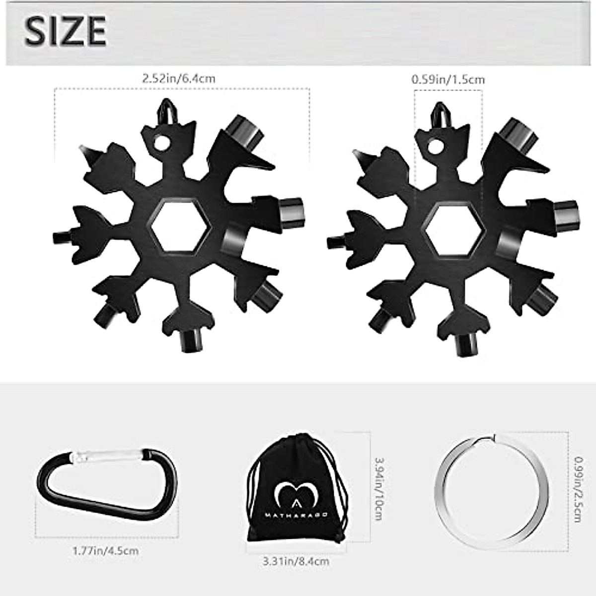MATHARAGO Snowflake Multitool, 1pcs Snowflake Tool Stainless Steel 18 in 1 Snowflake Multitool with Carabiner Clip, Keyring and Storage Bag for Christmas Gift Men's Present(Black)