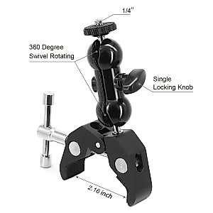 SLOW DOLPHIN Camera Clamp Mount Monitor Mount Bracket Super Clamp w/1/4 and 3/8 Thread with Cool Double Ballhead Arm Adapter Bottom Clamp for for DSLR Camera/Field Monitor/LED (2 PCS)