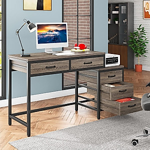 Tribesigns Computer Desk with 5 Drawers, Home Office Desks with Reversible Drawer Cabinet Printer Stand, Industrial PC Desk with Storage, Grey Study Writing Table Workstation for Small Spaces