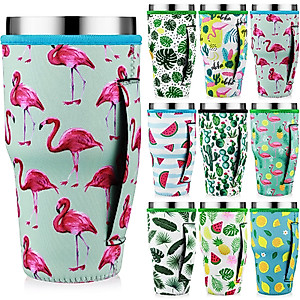 9 Pcs Iced Coffee Cup Sleeve with Handle Reusable Neoprene Insulated Sleeves 30 oz Tumbler Sleeve Insulated Drink Sleeve Cup Cover Holder Tea Cup Sleeve for Cold Drinks Hot Beverages (Flamingo)
