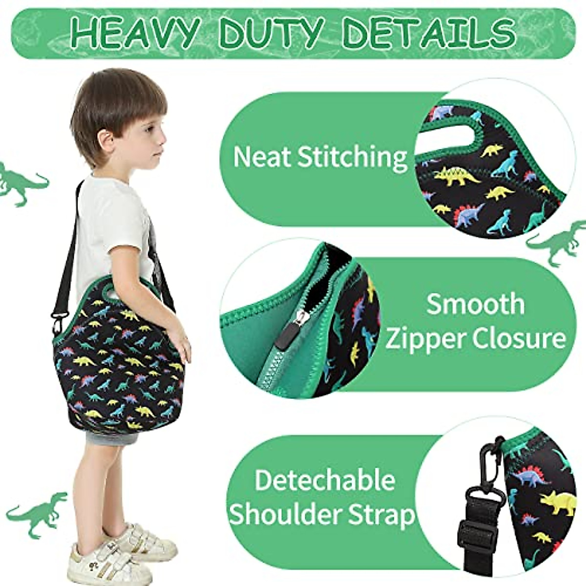 VASCHY Lunch Bag for Children, Neoprene Insulated Lunch Box Bag Tote with Detachable Adjustable Shoulder Strap in Cute Dinosaur