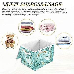Blueangle Turquoise Marble Texture Storage Bins with Lids, 16.5 x 12.6 x 11.8 in, Large Collapsible Organizer Storage Basket for Home Office Décor（86）