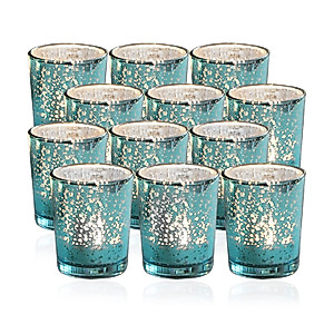 Blue Votive Candle Holders, Sea Glass Votive Candle Holders, Aqua Mercury Glass Tealight Candle Holder Set of 12, Perfect Centerpieces for Wedding, Party, Summer Home Decor