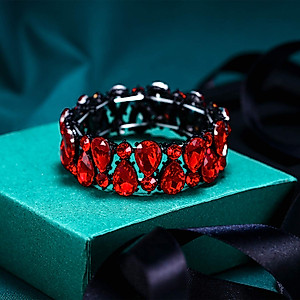 Flyonce Bridal Crystal Teardrop Elastic Stretch Bracelet for Women, Rhinestone Statement Jewelry Red