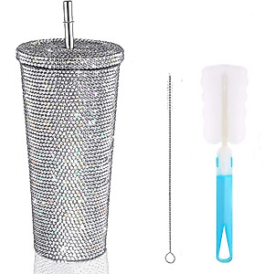 Studded Bling Diamond Tumbler Glitter Water Bottle with Lid Stainless Steel Vacuum Thermal Straw Tumbler Rhinestone Tumbler with 1pc Straw 2pcs Brushes for Girls Women (500ml-silver)