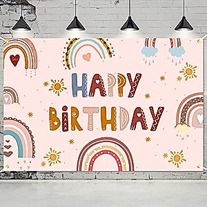 Boho Rainbow Happy Birthday Backdrop Banner Pink Bohemian Sunshine Theme Background Decorations for Women Girls Baby Shower Photography Party Sign Decor Supplies