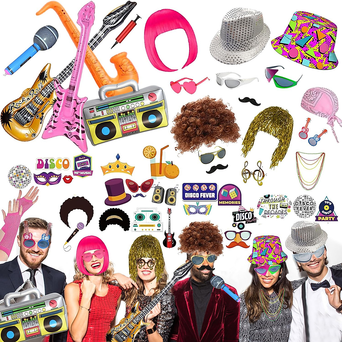 50 Pcs Rock Party Photo Booth Props Set for Adults, Funny Rock Star Party Sunglasses, Hats, Wigs, Inflatable, Photo Booth Props Kits for Graduation, Wedding, Birthday, Bachelorette and All Occasions