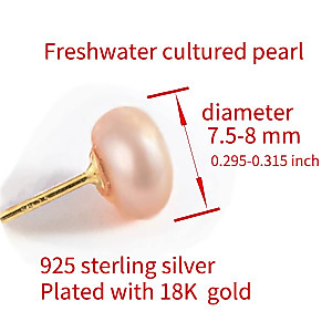 pink pearl 18K Gold stud Earrings for women Ladies Girl，Handpicked Genuine Freshwater aquaculture Cultured AAAA+ Pearls (pink-8mm)