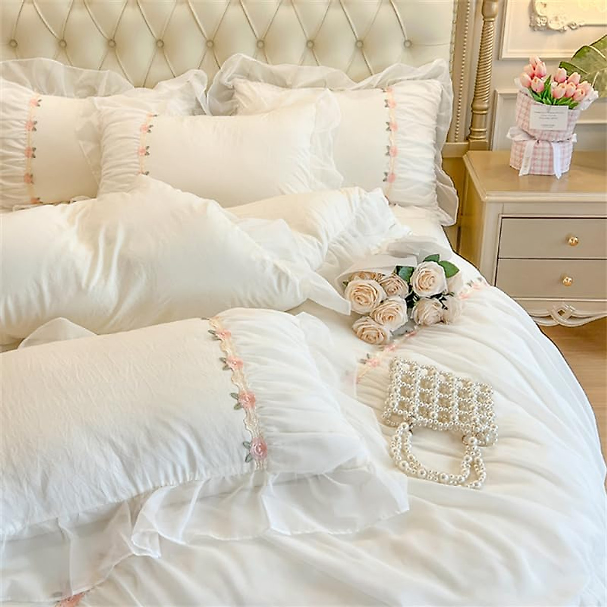 MOOWOO Chic Ruffle Lace Queen Duvet Cover Set-Princess Girl Bedding-3 Piece Comforter Duvet Cover with Zipper Closure,Coquette Room Decor-White,Queen Size
