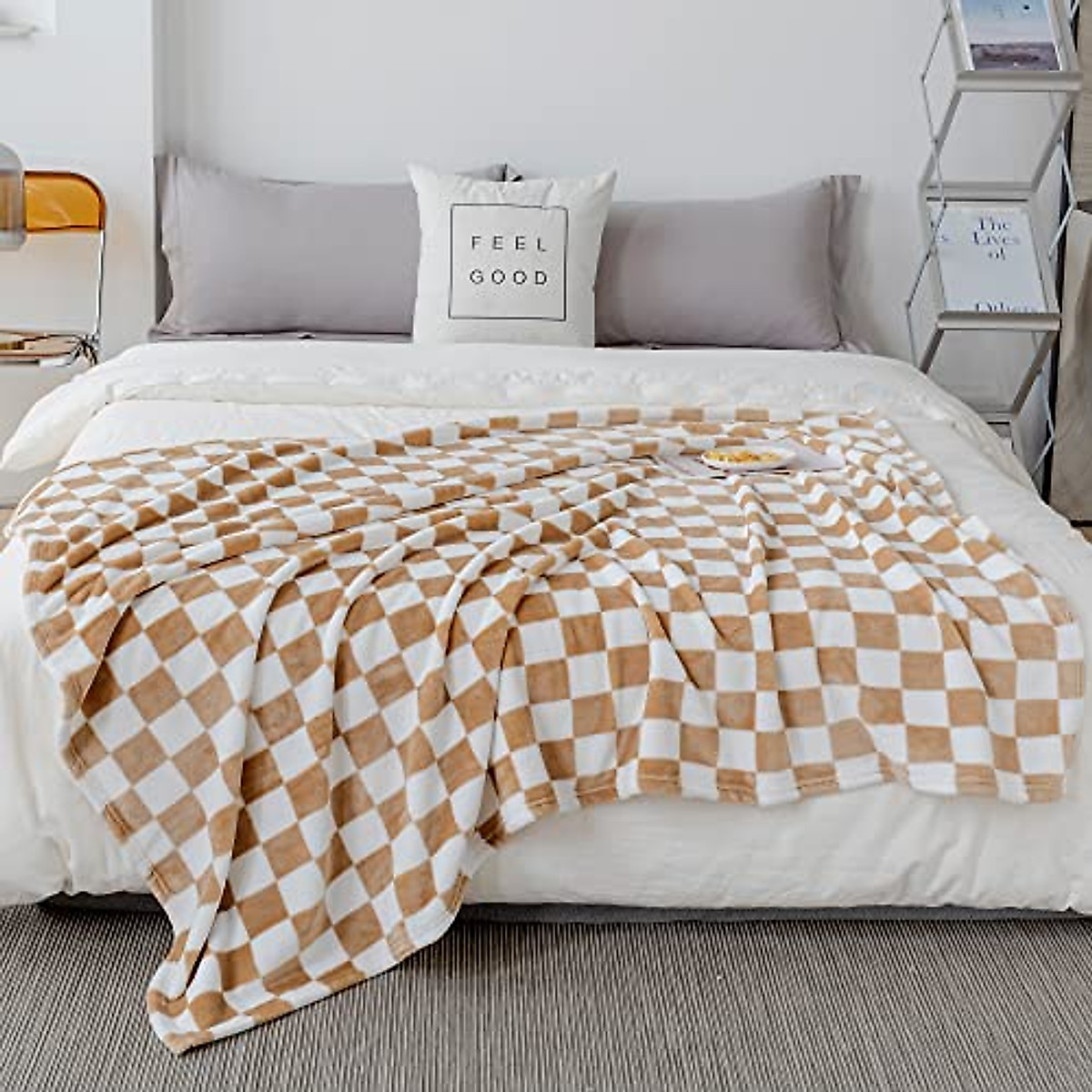 LIPOR Throw Blankets Flannel Blanket Checkerboard Grid Pattern Ultra Soft Fuzzy Checkered Throw Blankets Warm Home Decorative Luxury Blanket for Bed Couch Sofa All Seasons (Khaki, 51"x60")